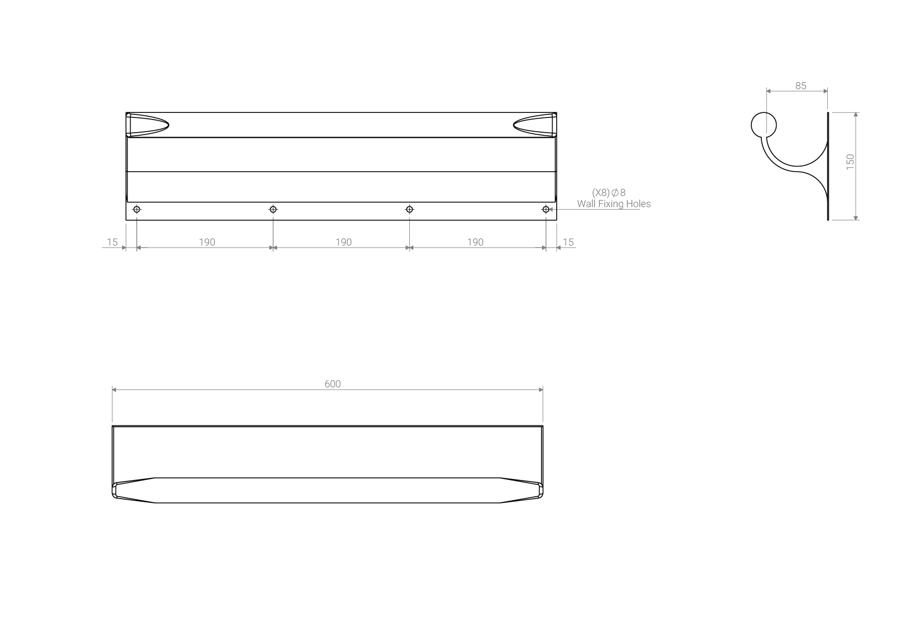 600mm wide anti-ligature fixed grab rail