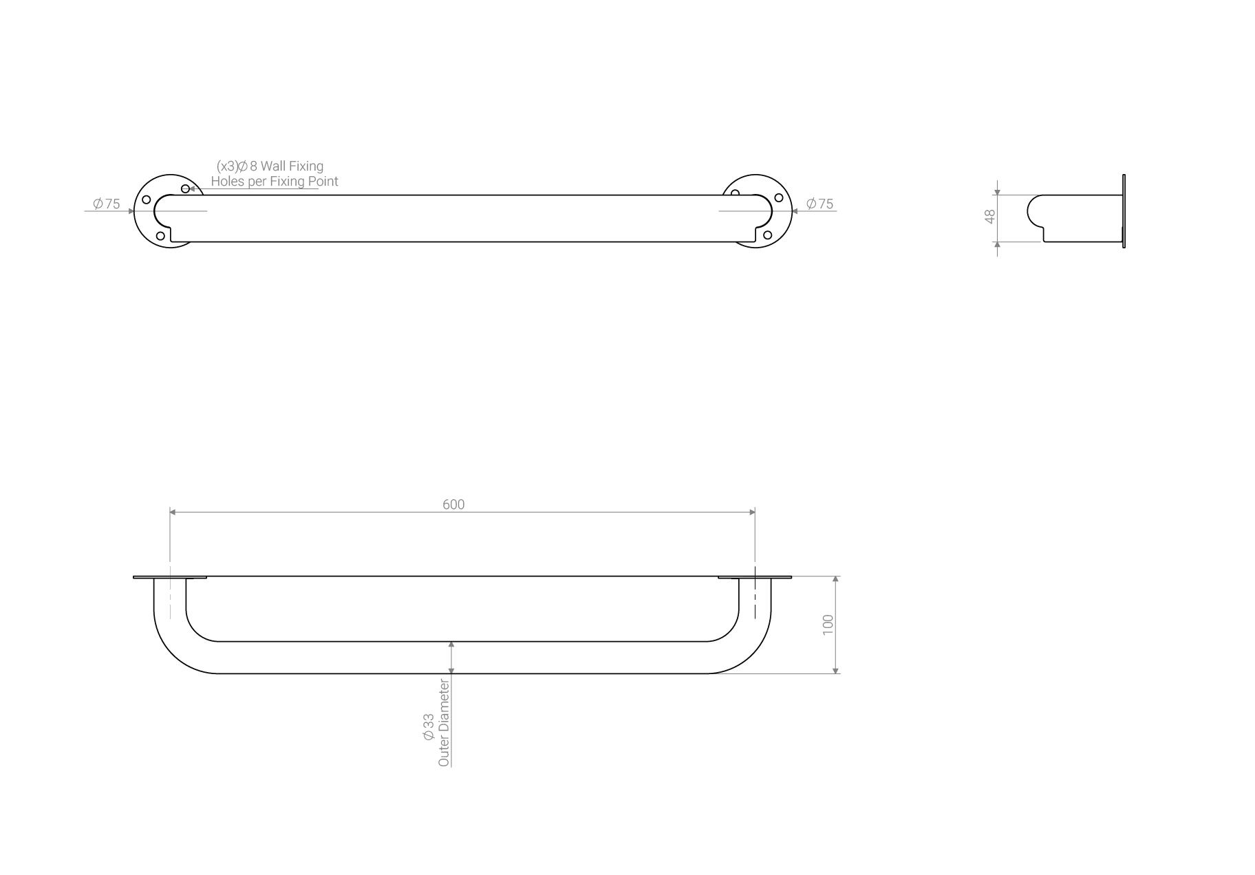 600mm wide anti-ligature fixed grab rail with chamfered ends